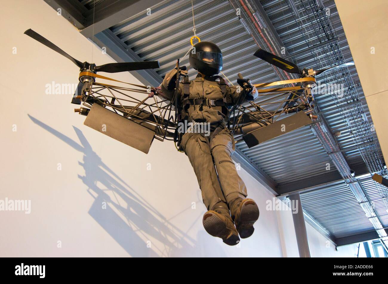 An early personal flying machine, with two helicopter rotors powered by ...