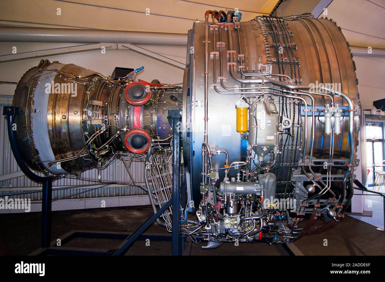 A Rolls Royce Trent 900 aircraft engine mounted on a trolley for ...