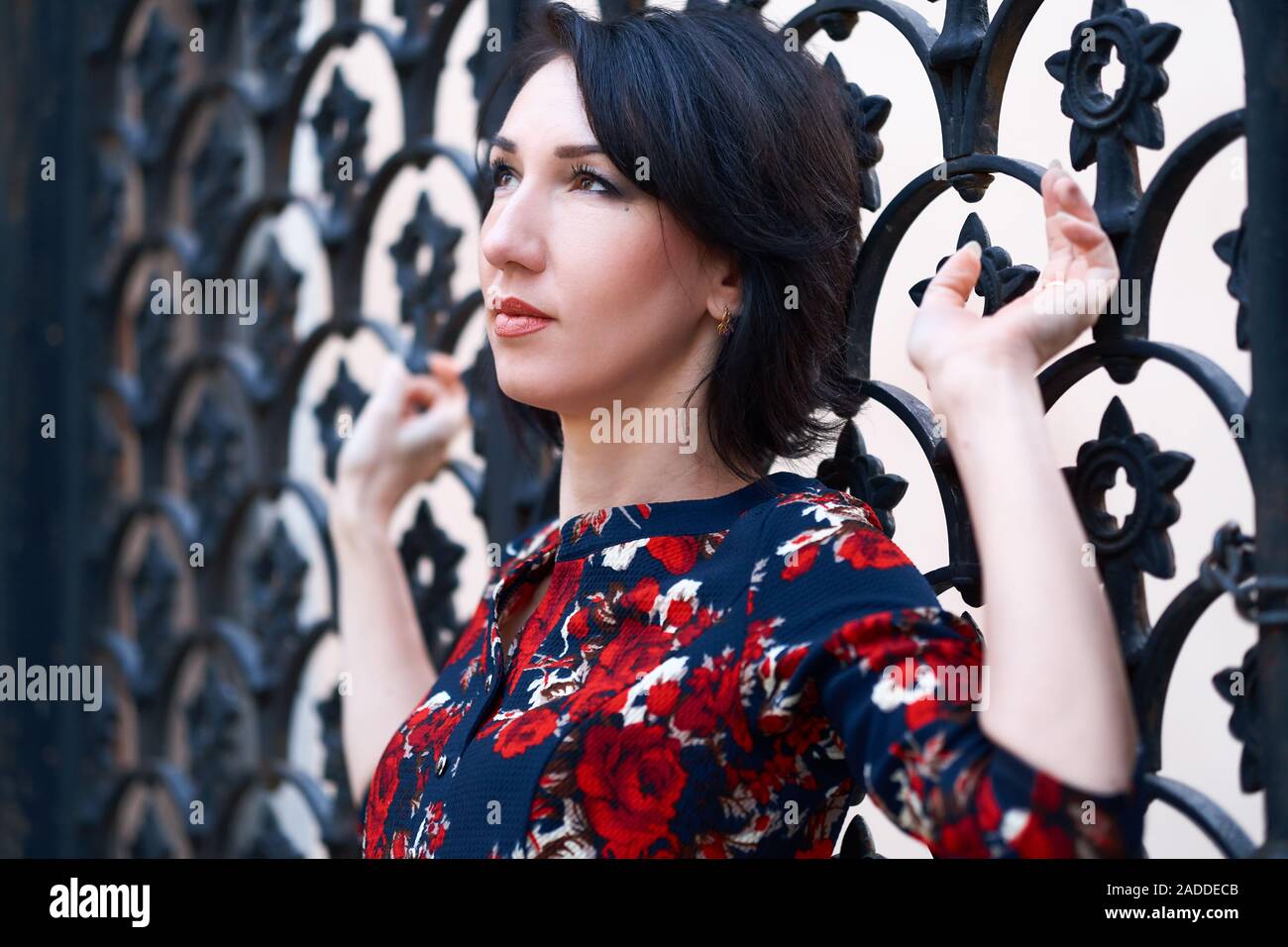Beautiful elegant woman posing near black wrought iron gates Stock ...