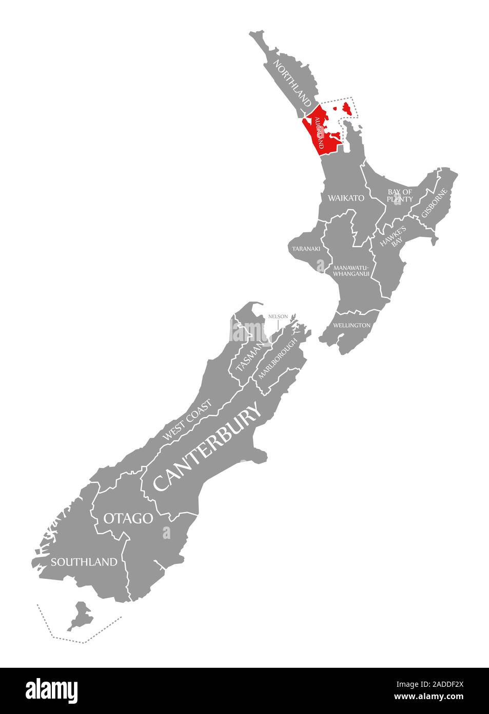 Auckland red highlighted in map of New Zealand Stock Photo - Alamy