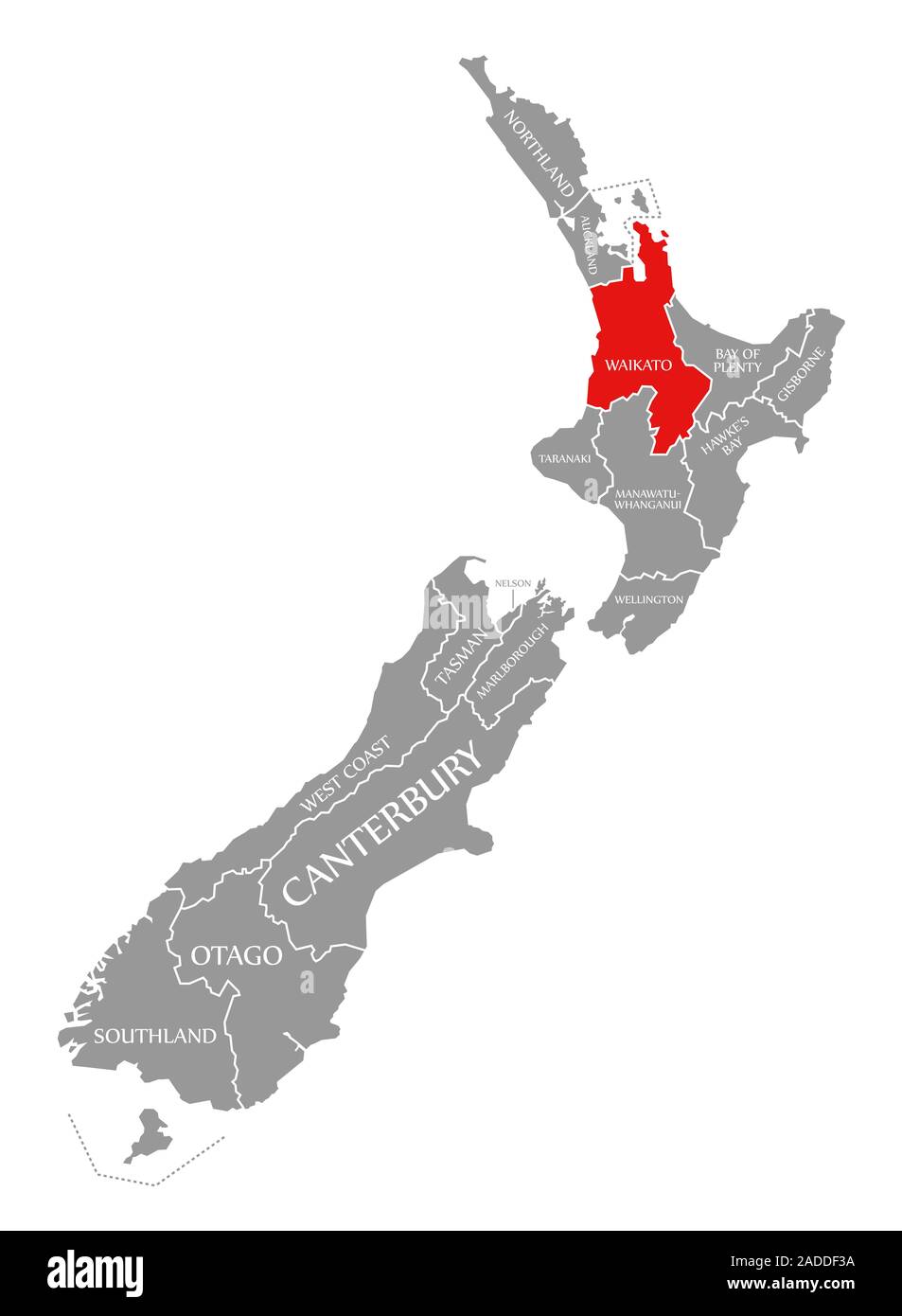 Waikato red highlighted in map of New Zealand Stock Photo - Alamy