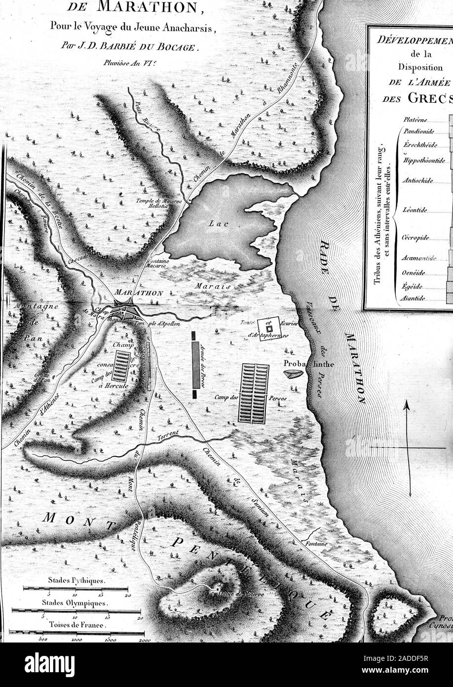 Historical map of the Battle of Marathon. 18th-century illustration of ...