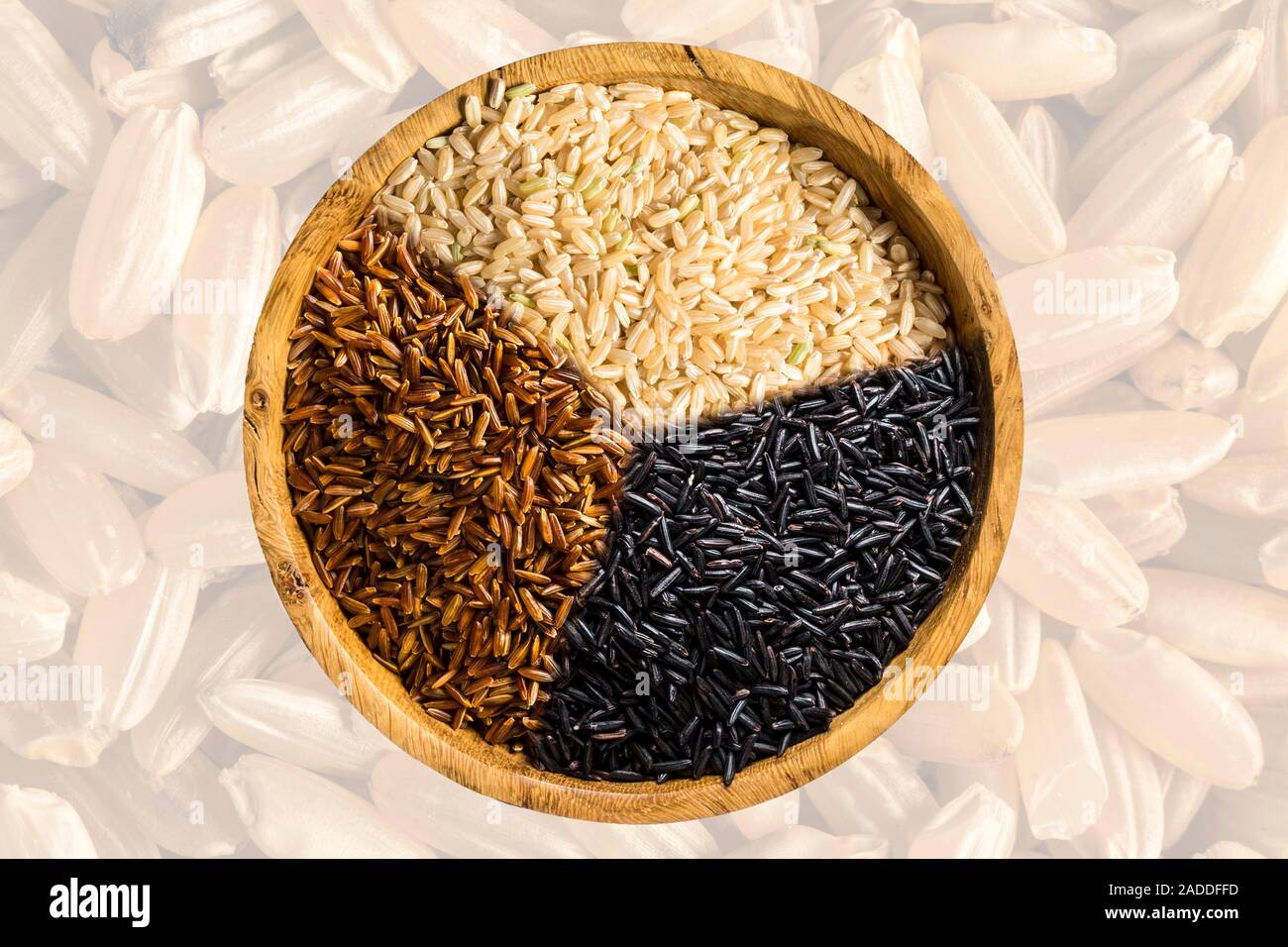 Brown, black and red rice (Oryza sativa). These whole grain rice, have ...