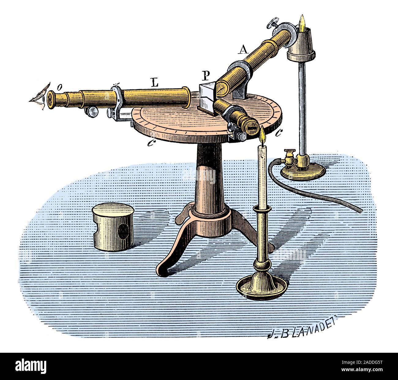 Kirchhoff-Bunsen spectroscope. Coloured 19th-century illustration of ...