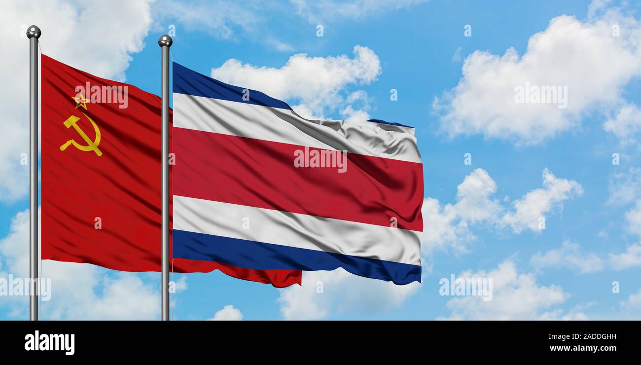 Soviet Union and Costa Rica flag waving in the wind against white ...