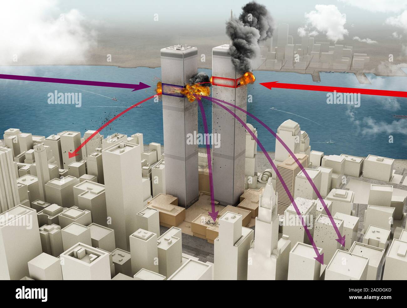 September 11 Twin Towers attacks. Illustration showing the impact zones ...