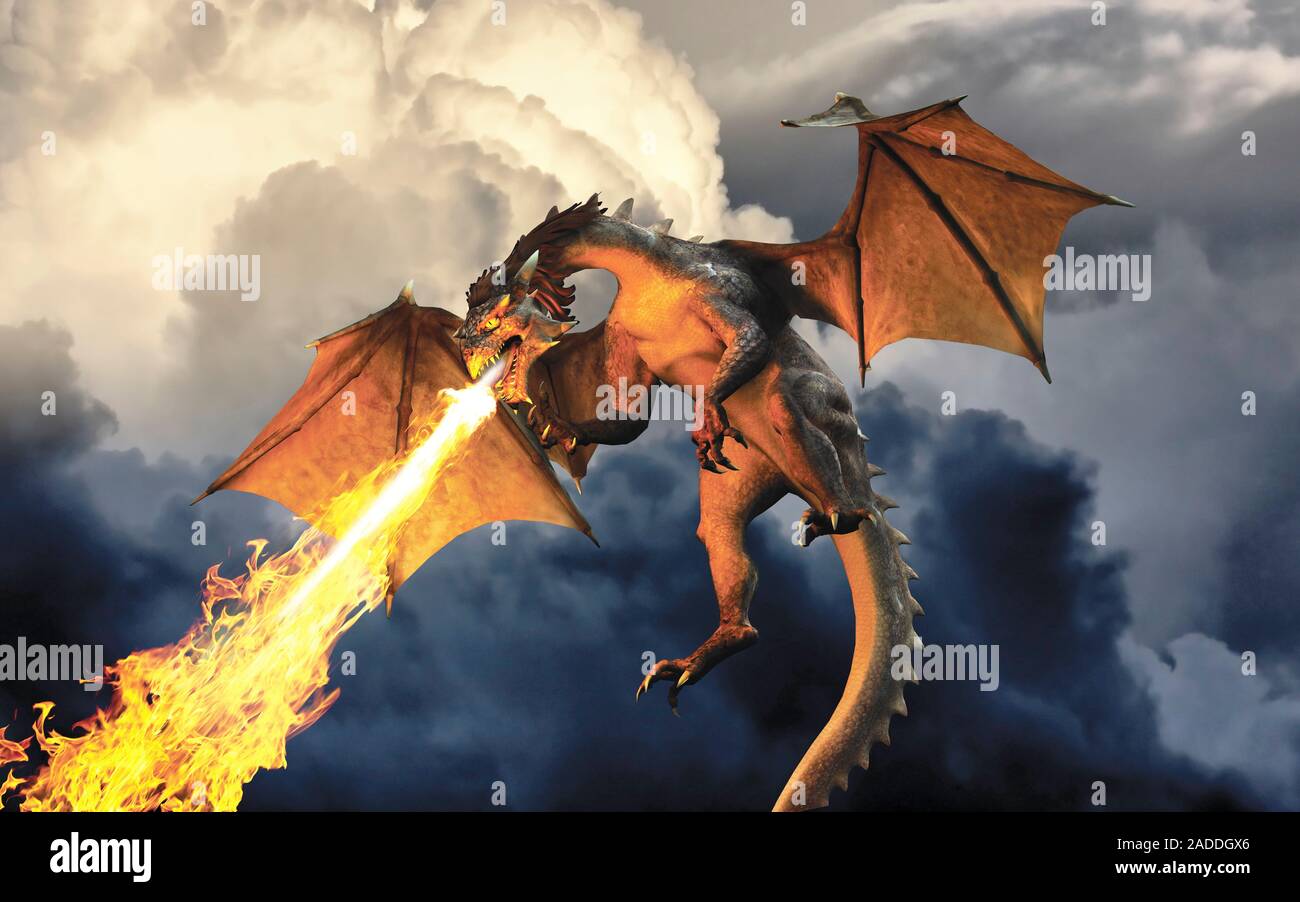 Dragon breathing fire, illustration Stock Photo - Alamy
