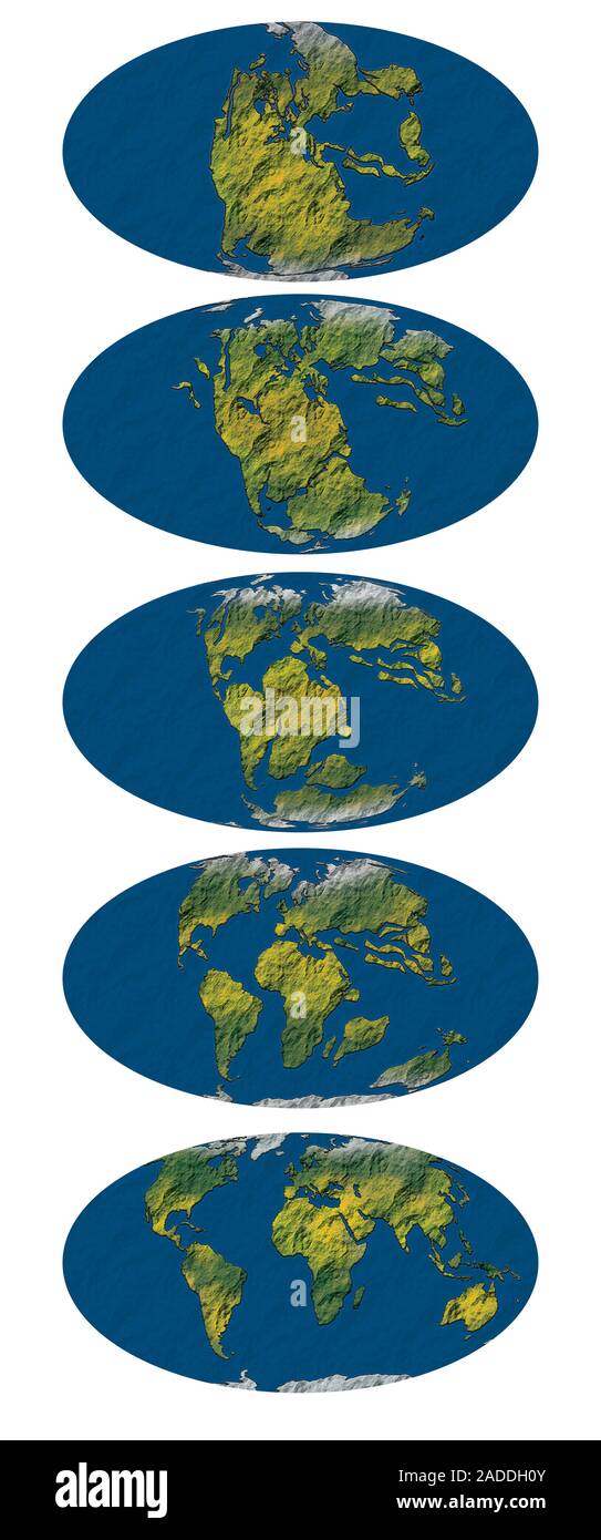 Movement of Earth's continents, illustration. At top is the Earth as it ...