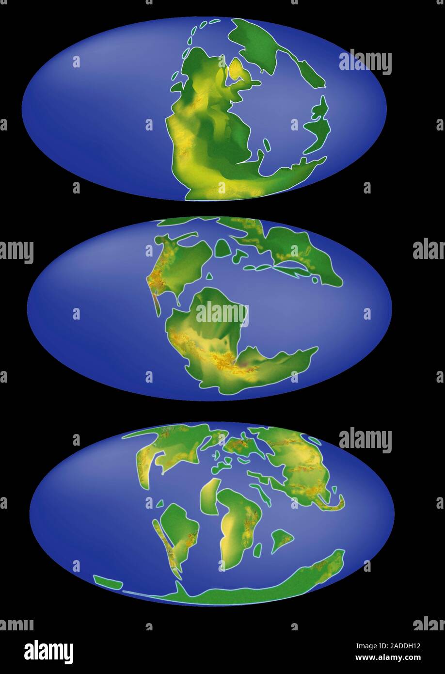 Movement of Earth's continents, illustration. At top is the Earth as it ...