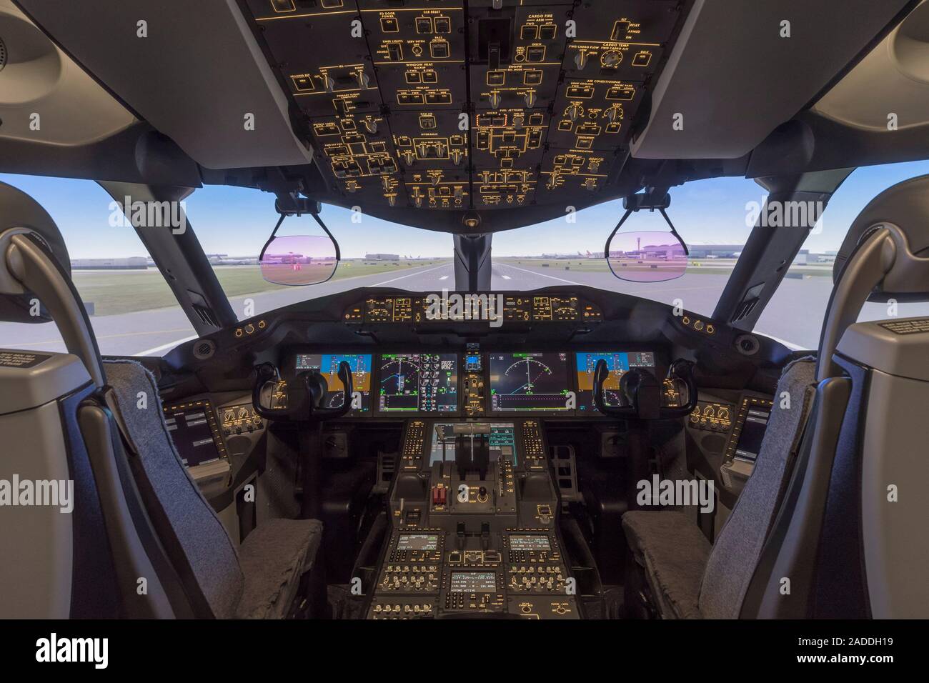 Boeing Dreamliner flight simulator. View of the cockpit of a Boeing 787 ...