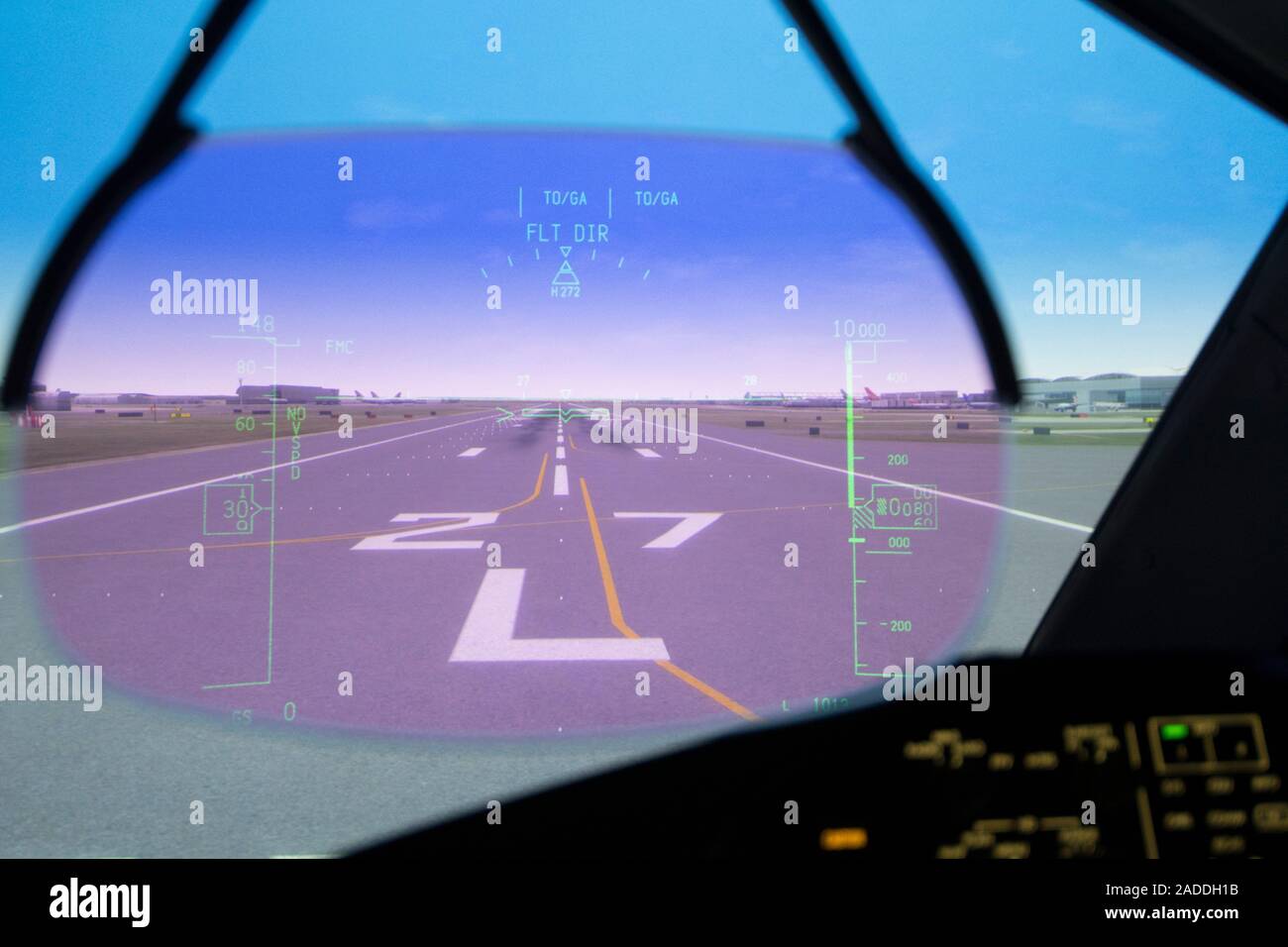 Boeing Dreamliner flight simulator. Pilot's-eye view through a heads-up ...