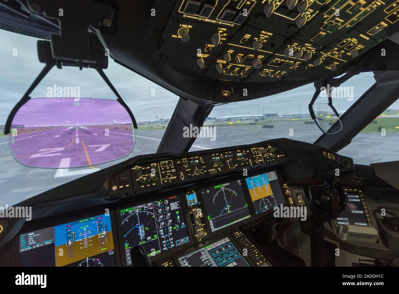 Boeing Dreamliner flight simulator. Wide-angle view of the cockpit of a ...