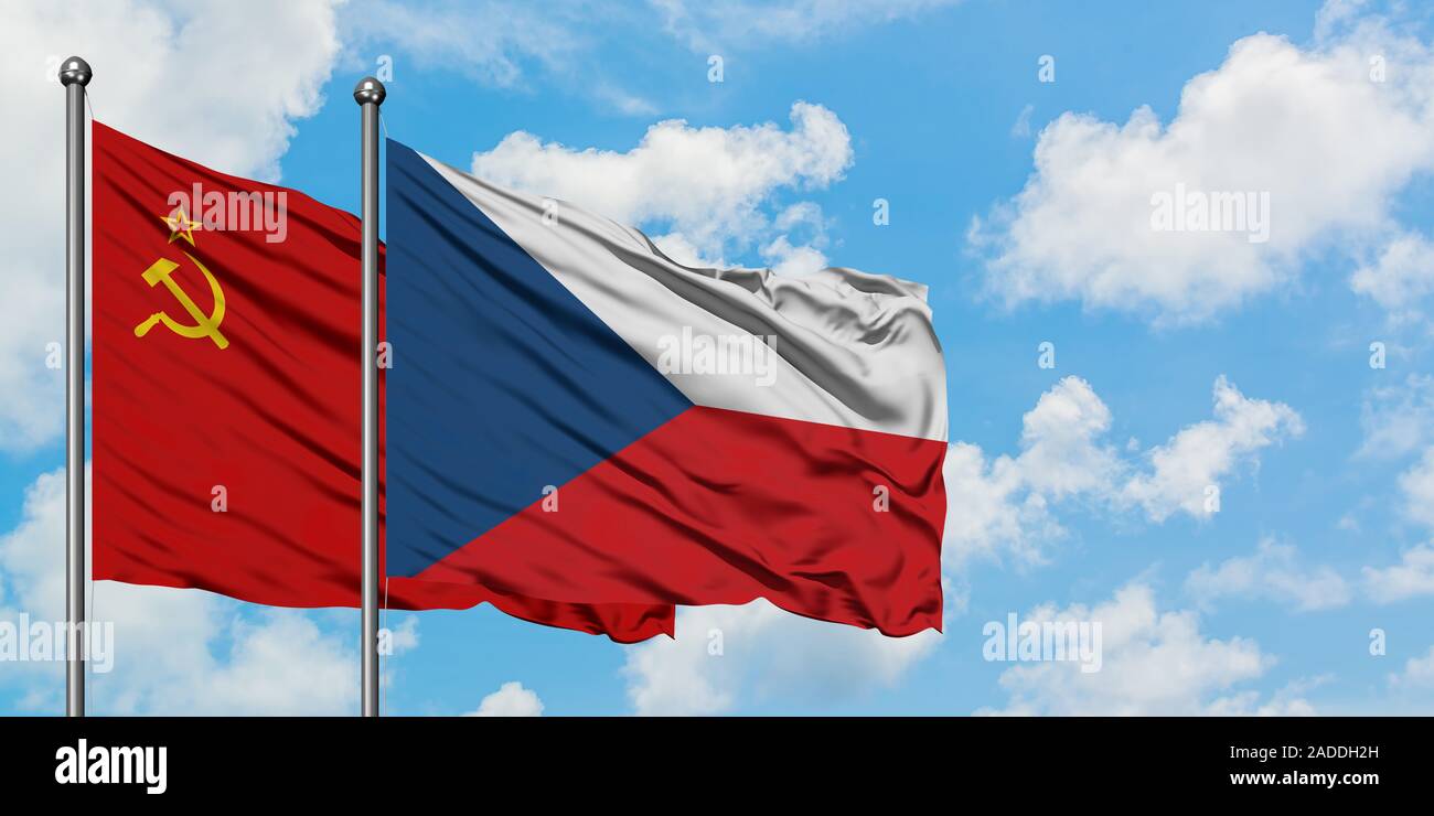 Soviet Union and Czech Republic flag waving in the wind against white ...
