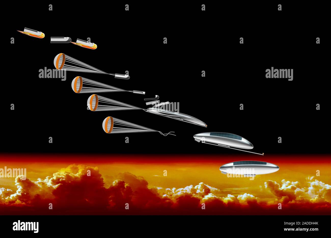 Venus airship. Illustration showing the deployment of a manned airship ...