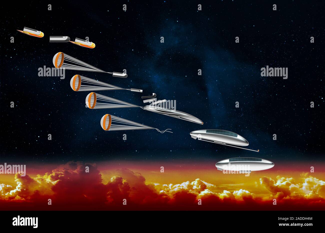 Venus airship. Illustration showing the deployment of a manned airship ...