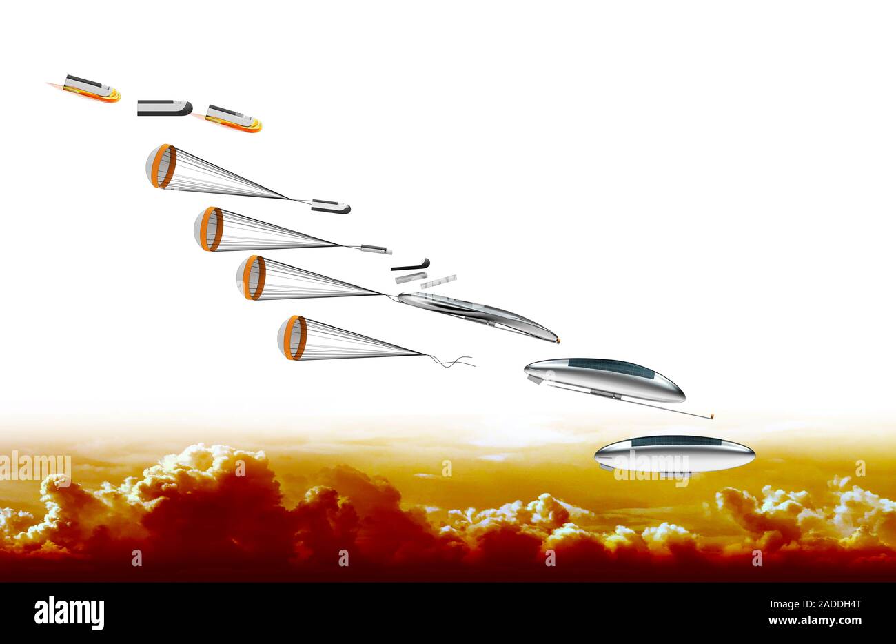 Venus airship. Illustration showing the deployment of a manned airship ...