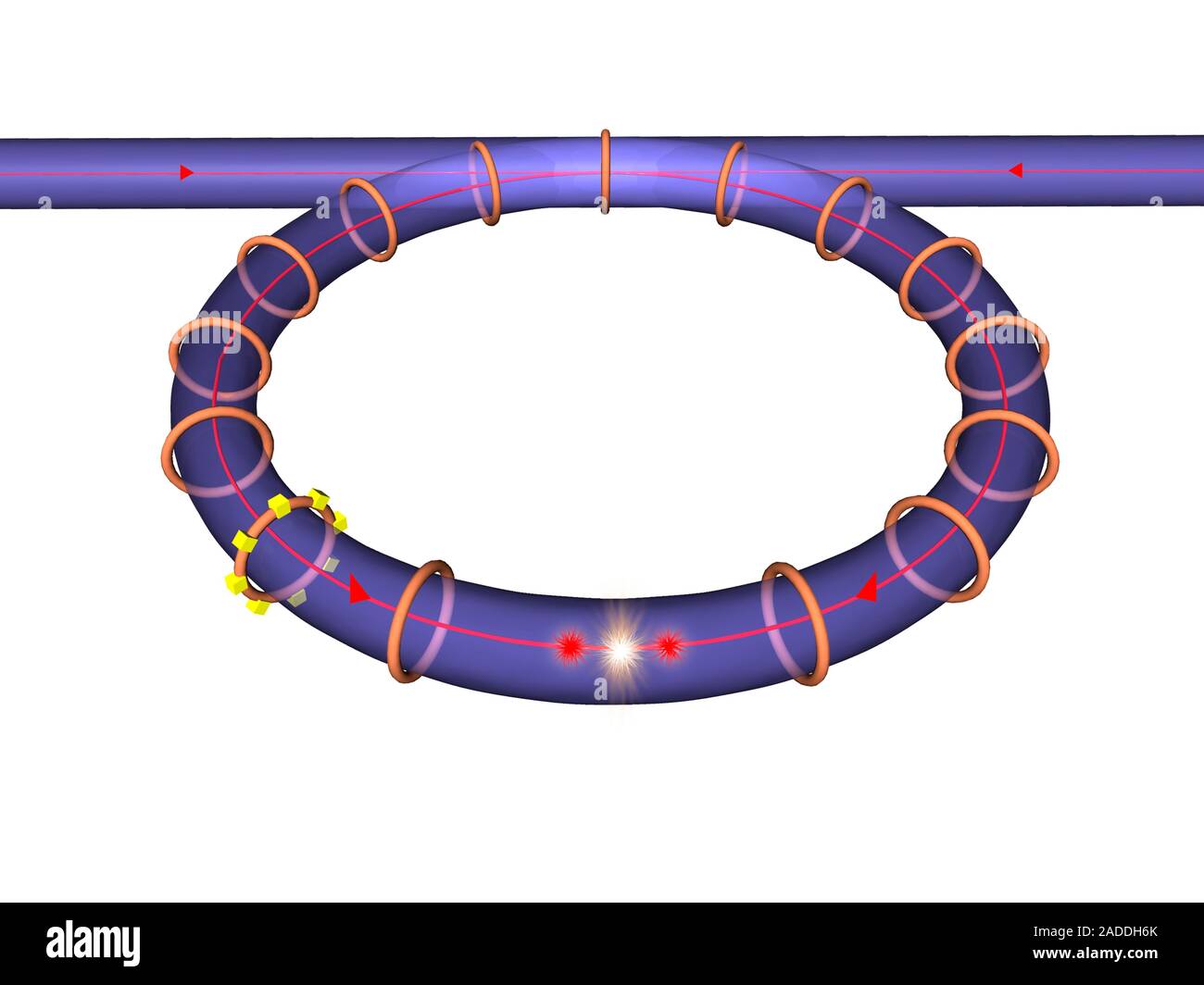 Particle collision. Illustration of two particles (red) colliding in a ...