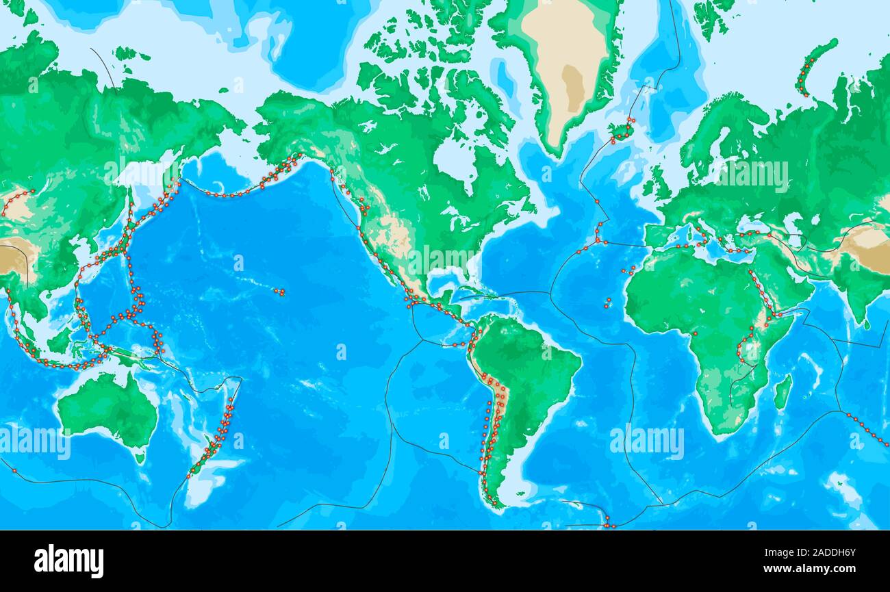 Earth's volcanoes and fault lines. Map of the Earth, centred on the ...