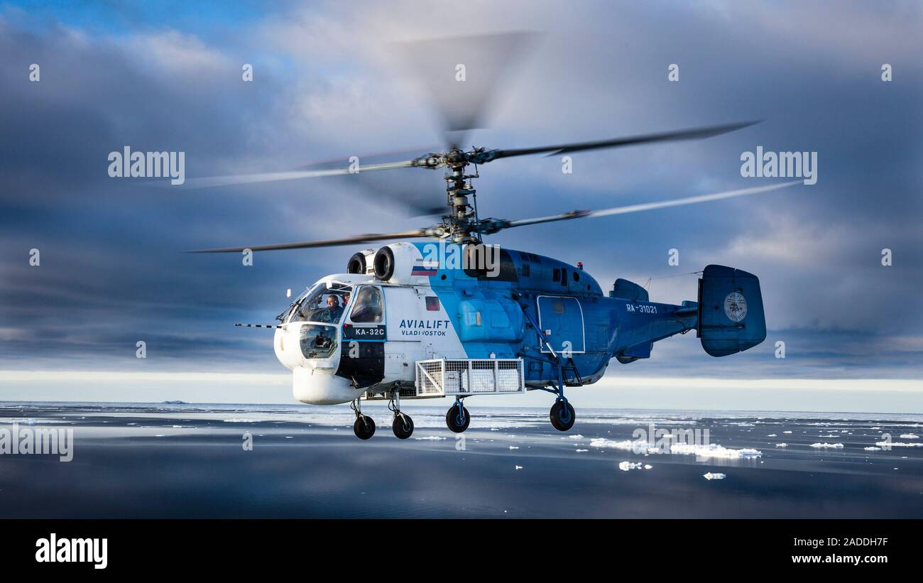 Research helicopter flight in Antarctica. This is a Russian helicopter ...
