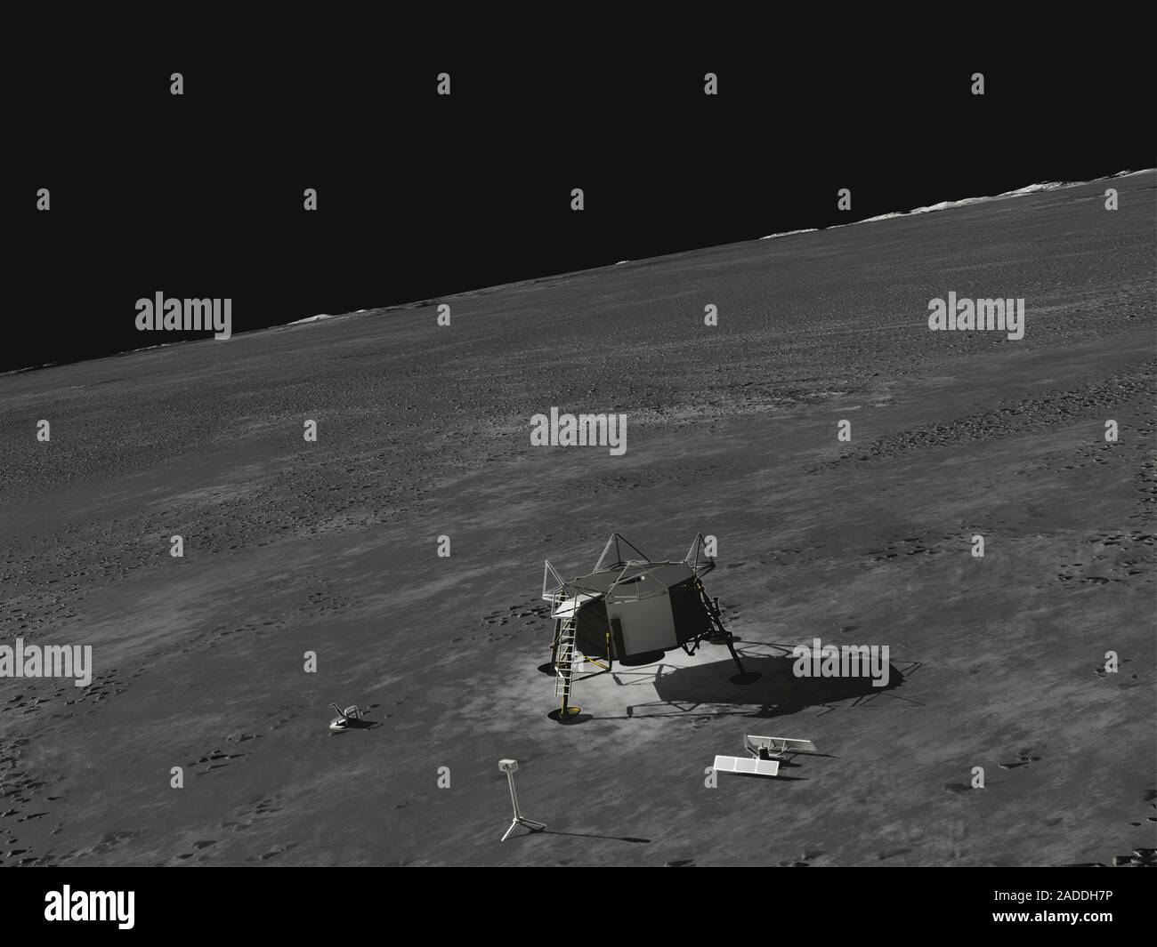 Apollo 11 Moon landing site and descent stage, illustration. Descent stage of NASA's Apollo 11 ...