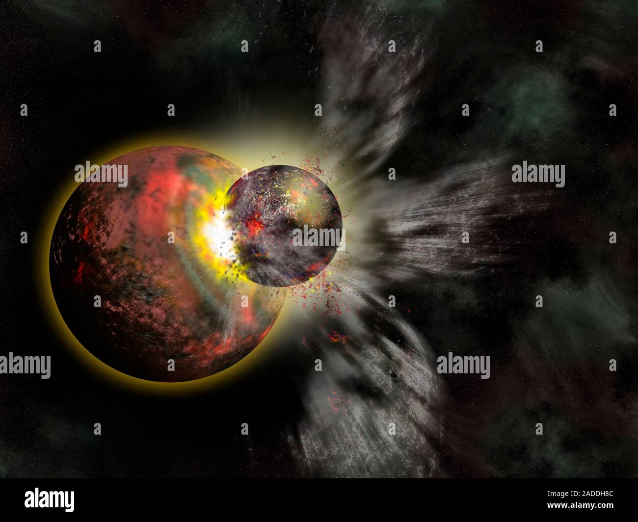 Formation of the Moon. Illustration of the collision stage in the giant ...