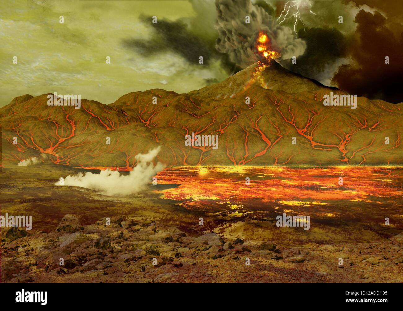 Volcanic eruption on Venus, illustration. This is the hottest planetary ...