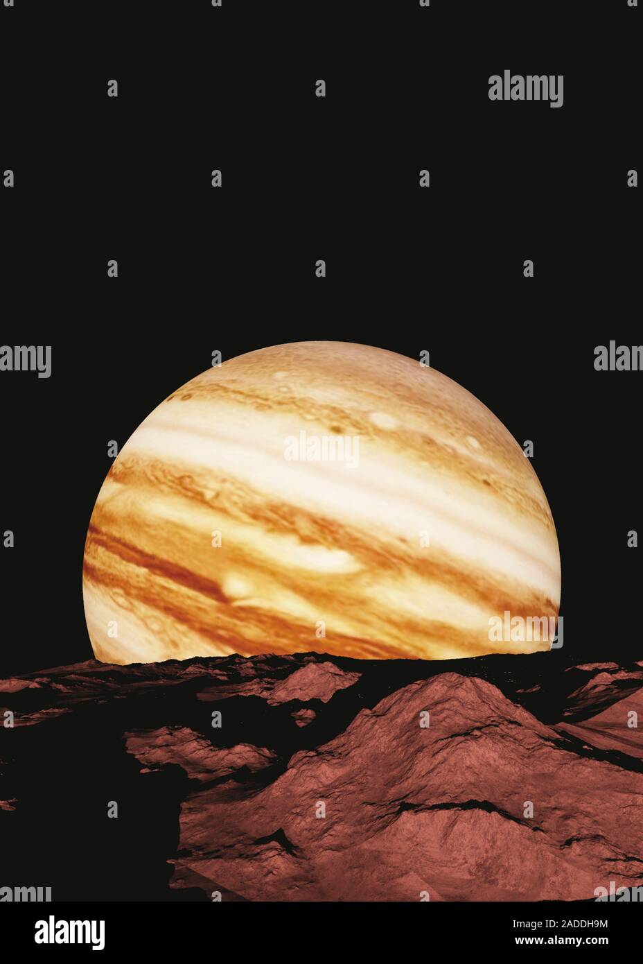 Jupiter from its moon Amalthea, illustration. Jupiter is the largest ...