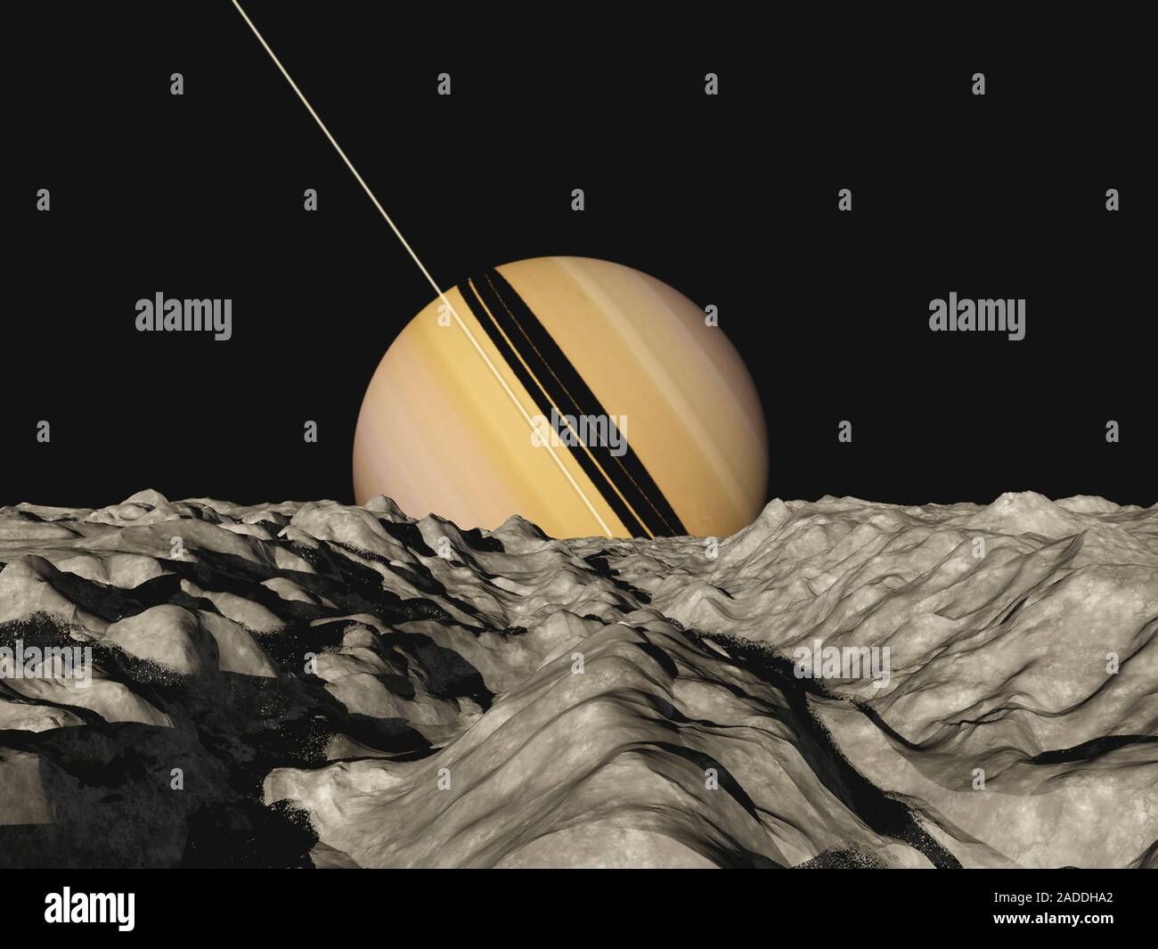 Saturn from Tethys. Illustration showing the view from an ice canyon on ...