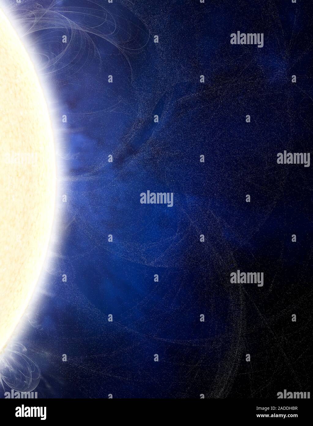 Sun producing cosmic rays. Illustration of radiation and charged ...