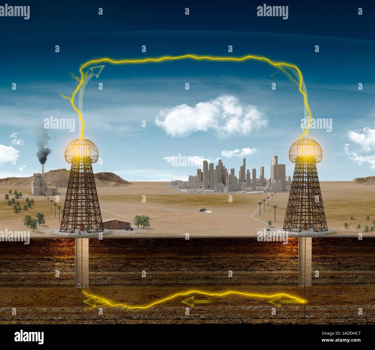 Tesla's planned power transmitters. Illustration of the planned ...