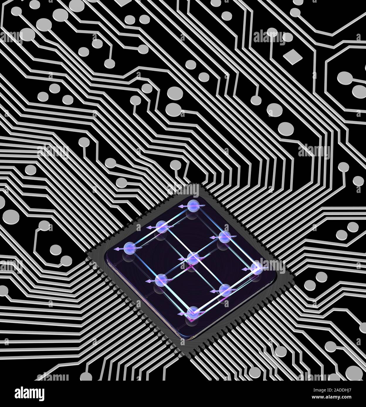 Quantum computing. Conceptual illustration of a computer microchip with ...