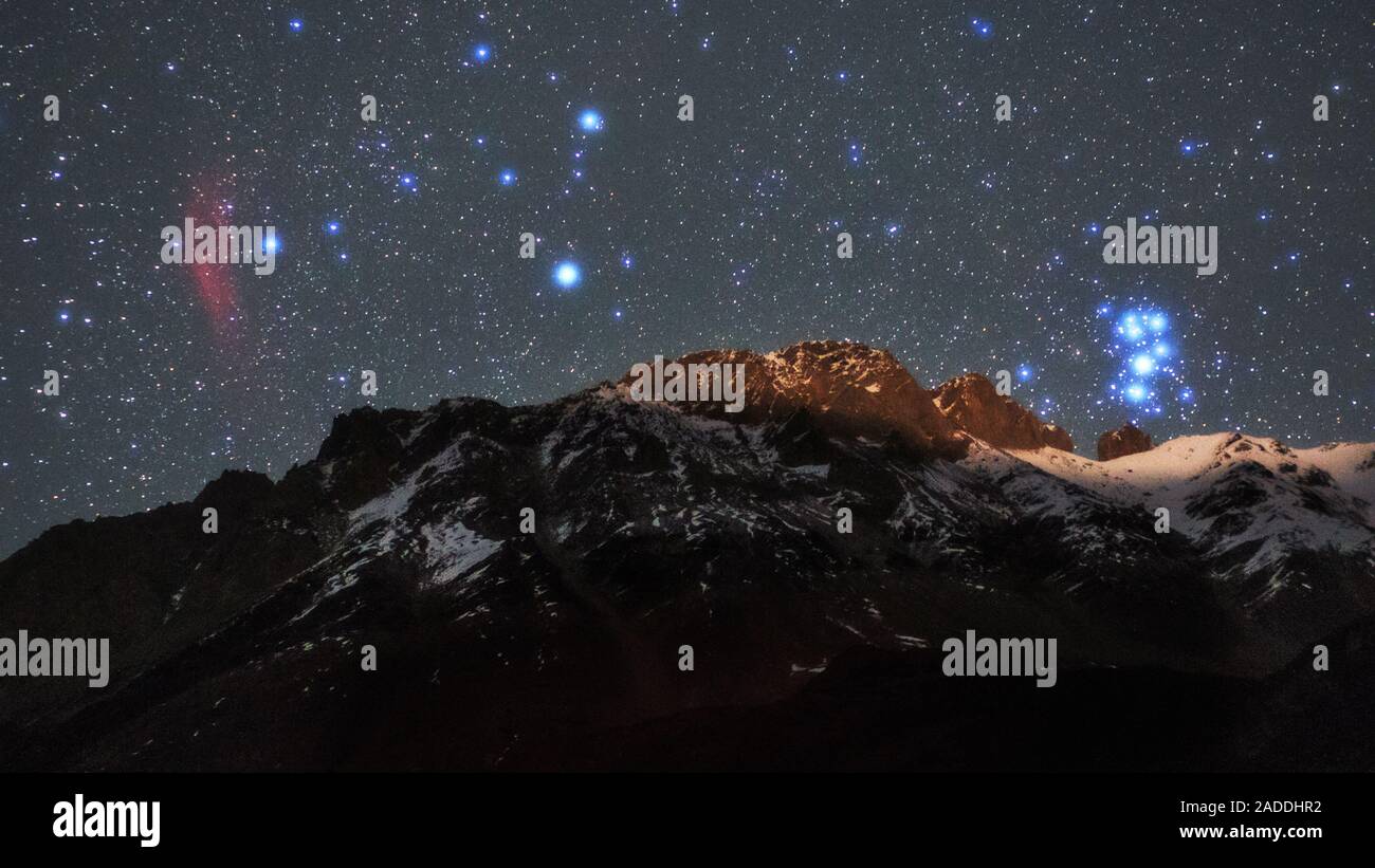 Tibetan skyscape. Moonset illuminating mountain peaks in Tibet under an ...