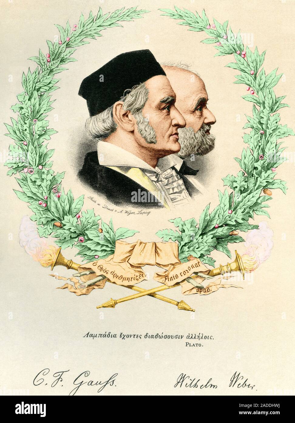 Gauss and Weber, telegraph inventors. At left is German mathematician ...