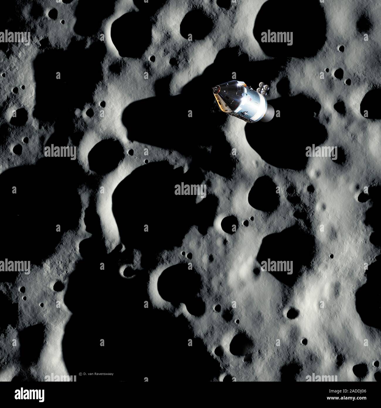 Apollo 8 spacecraft over a cratered Moon, illustration. The Apollo 8 ...