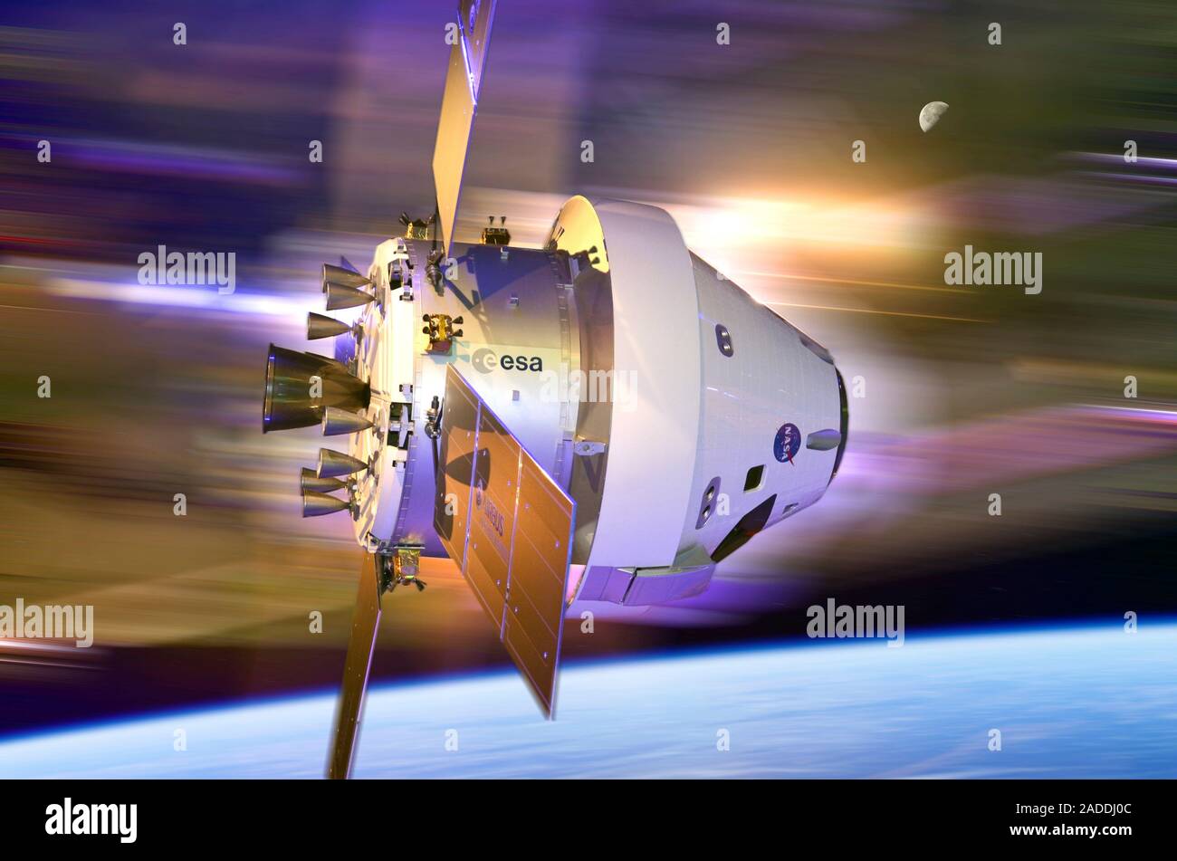 Composite image of a model of NASA's Orion manned spacecraft in Earth ...