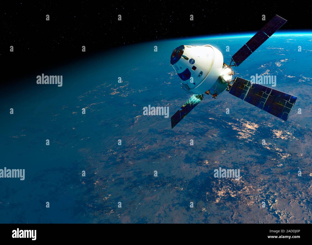 Illustration of NASA's Orion manned spacecraft in Earth orbit. This ...