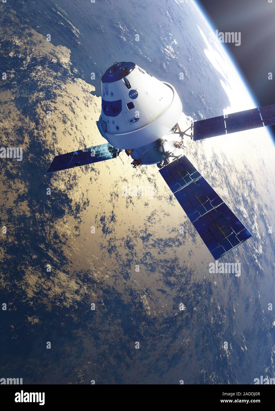 Illustration of NASA's Orion manned spacecraft in Earth orbit. This ...