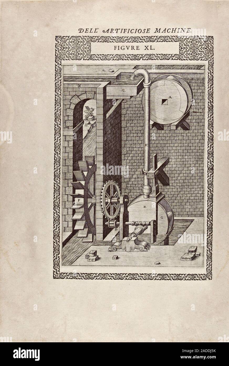 Water wheel and aqueduct. 16th-century illustration of a water wheel ...