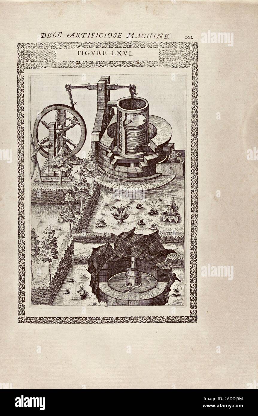 Water pump and well. 16th-century illustration of a water pump powered ...