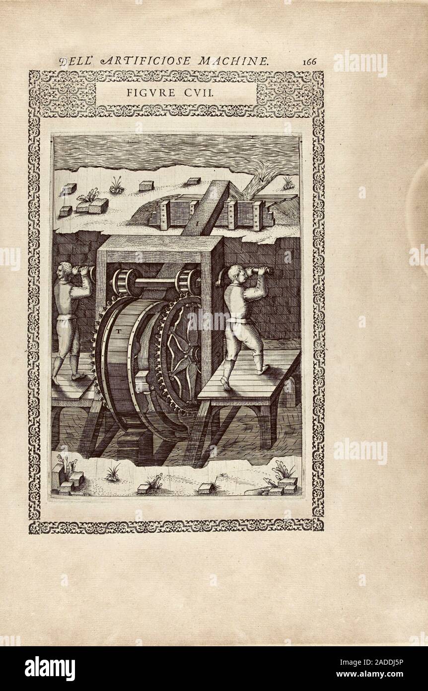 Water pump. 16th-century illustration of men operating a pump being ...