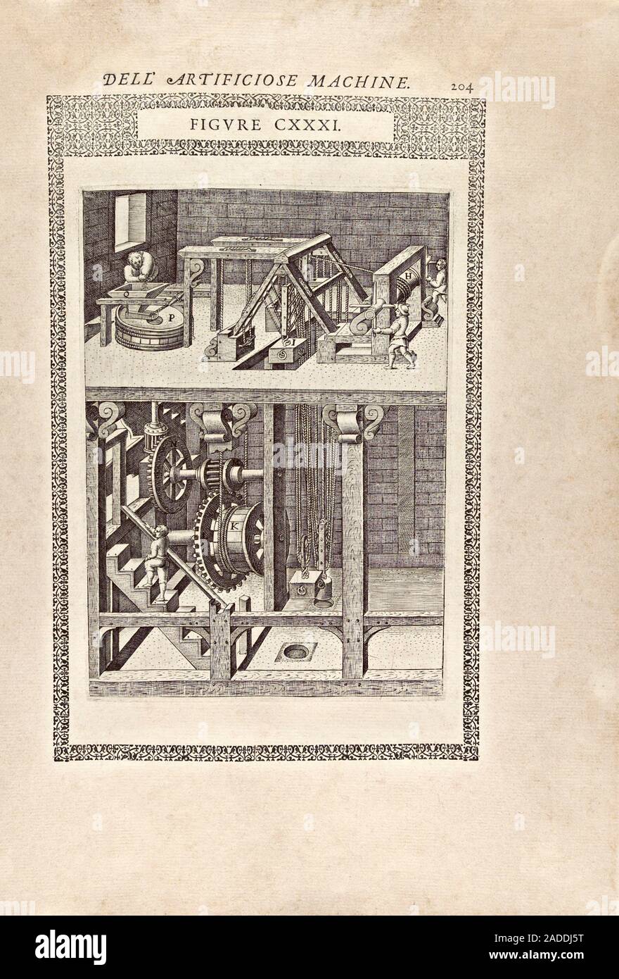 Water-powered mill. 16th-century illustration of the rotating wheels ...