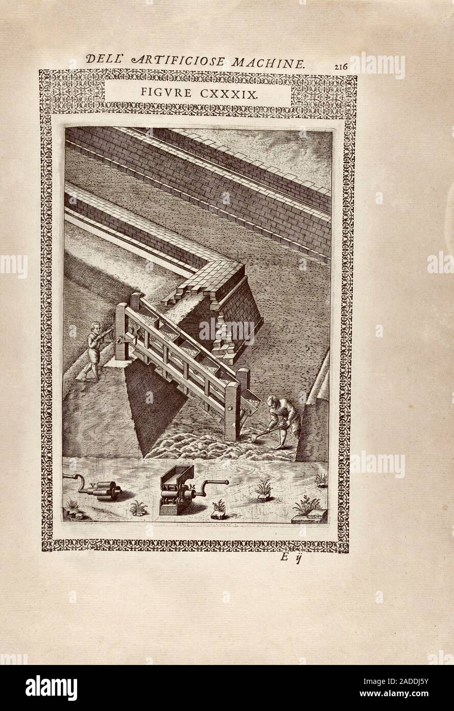 Earth-moving machine. 16th-century illustration of men operating an ...