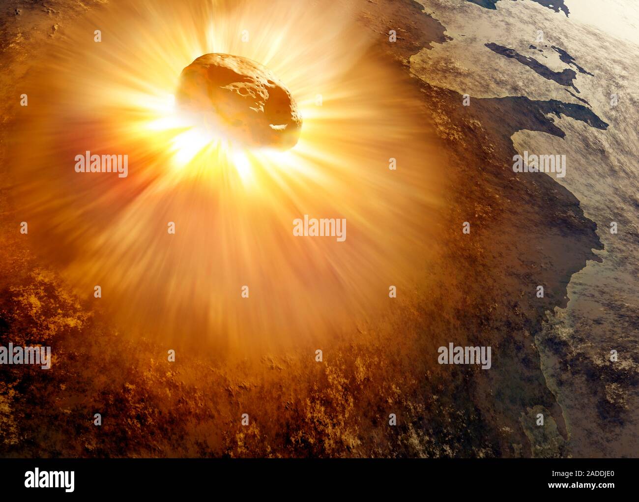 Asteroid impact. Illustration of a large asteroid colliding with Earth ...