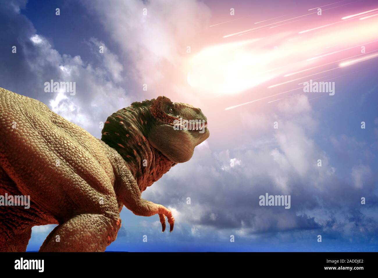 End of the dinosaurs. Illustration of a Tyrannosaurus rex dinosaur in a depiction of the event ...