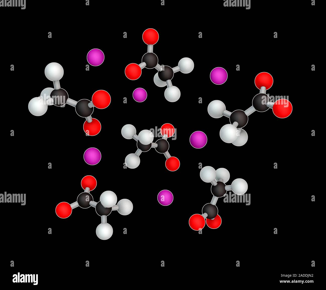Sodium acetate. Molecular model of sodium acetate molecules that have ...