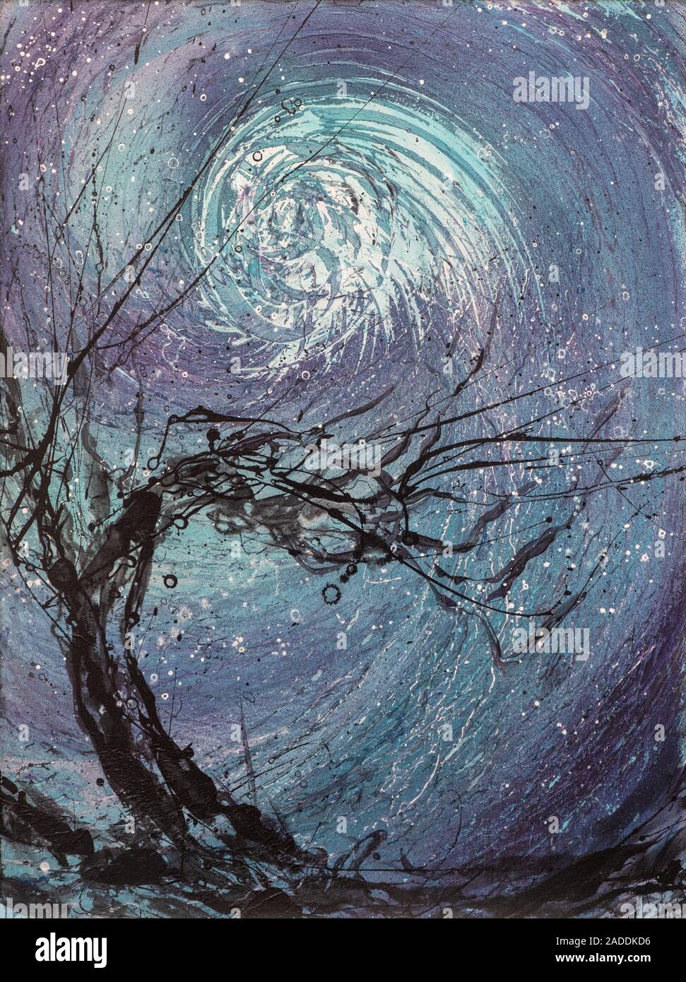 modern illustration of a comet in the winter behind a tree, star of ...