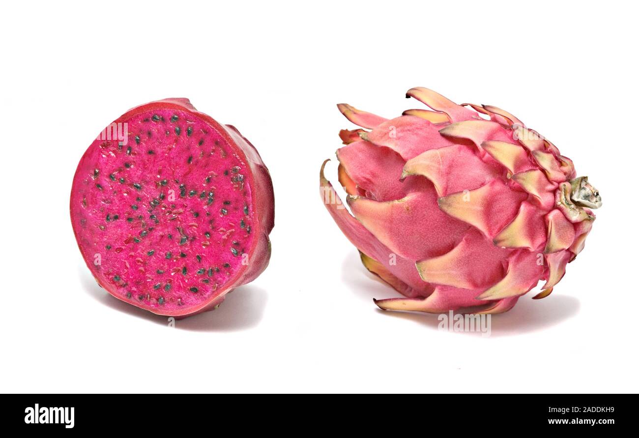 Red dragon fruit and its section isolated on white background Stock ...