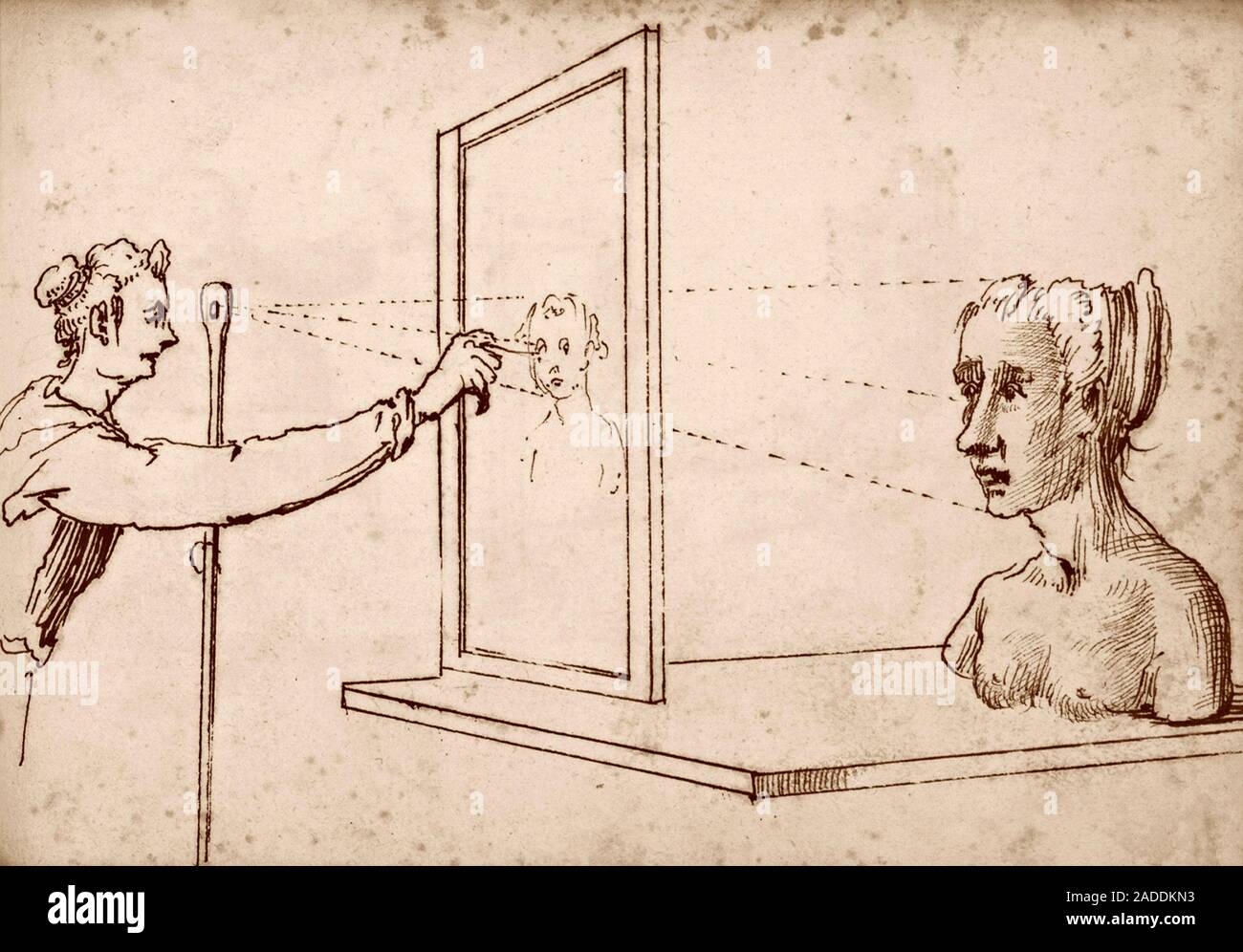 Perspective projection. 17th-century illustration of a pinhole viewer ...