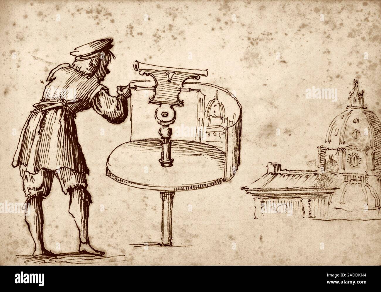 Panoramic projection. 17th-century illustration of an artist using a ...