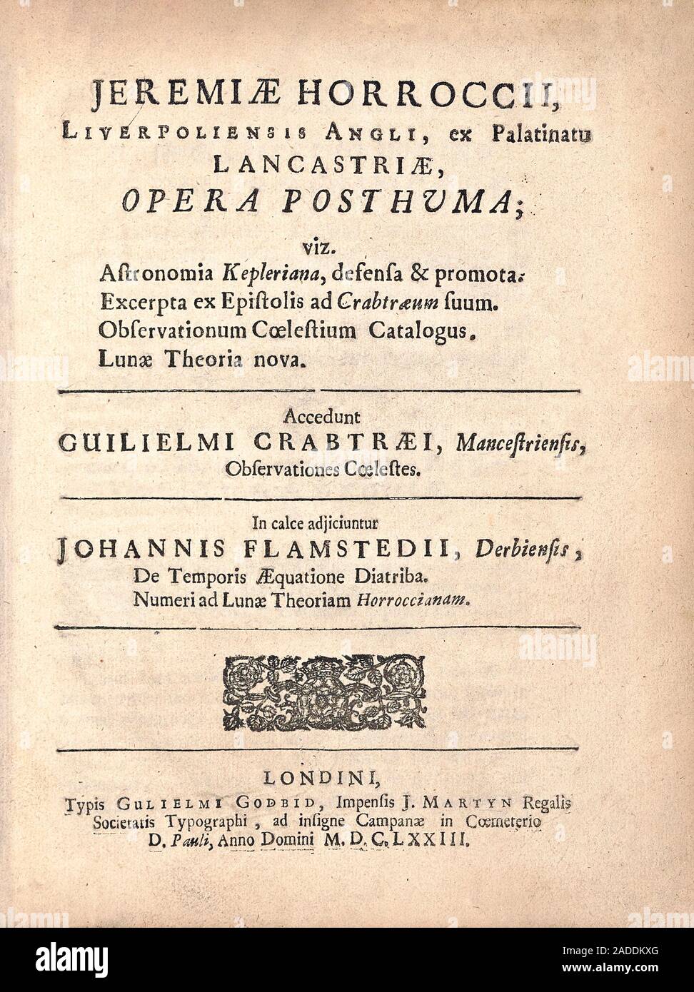 'Opera Posthuma' (1673), title page, by English astronomer Jeremiah ...